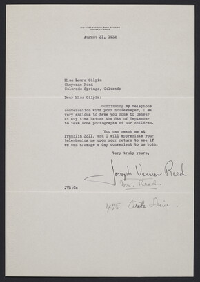 Joseph Verner Reed, Denver, Colorado, to Laura Gilpin. August 31, 1932 ...