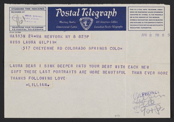 Lillian Gish, New York, New York, to Laura Gilpin. April 8, 1942 ...