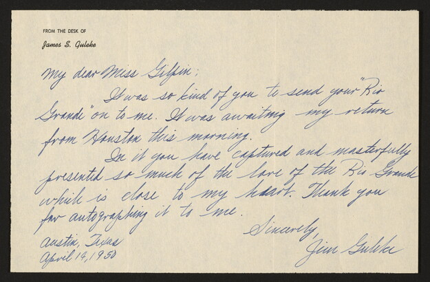 James S. Guleke, Board of Water Engineers, Austin, Texas, to Laura ...