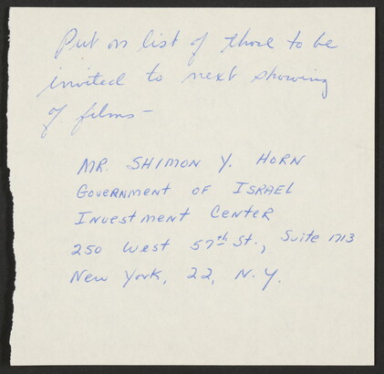 Note to invite Mr. Shimon Y. Horn to the next film showing. n.d. | Amon Carter Museum of ...