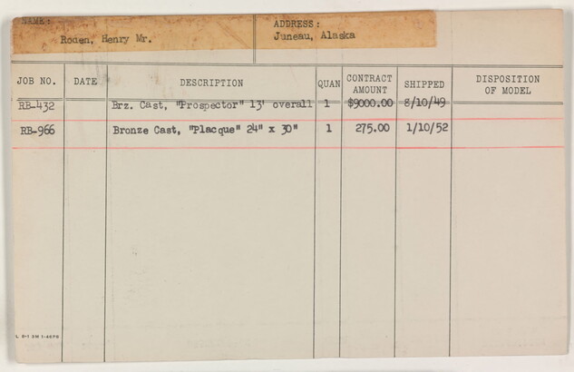 Client Card [Roden, Henry, Juneau, AK] | Amon Carter Museum of American Art