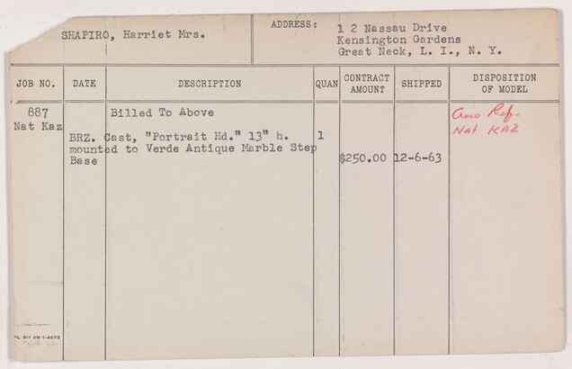 Client Card [Shapiro, Harriet, Great Neck, Long Island, NY; Kaz, Nat ...