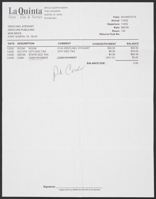 La Quinta Inn Receipt. January 4, 2002. | Amon Carter Museum of ...