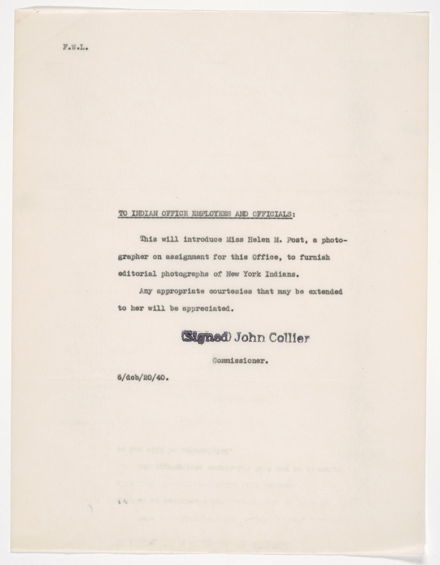 John Collier, Department of the Interior Bureau of Indian Affairs, to ...