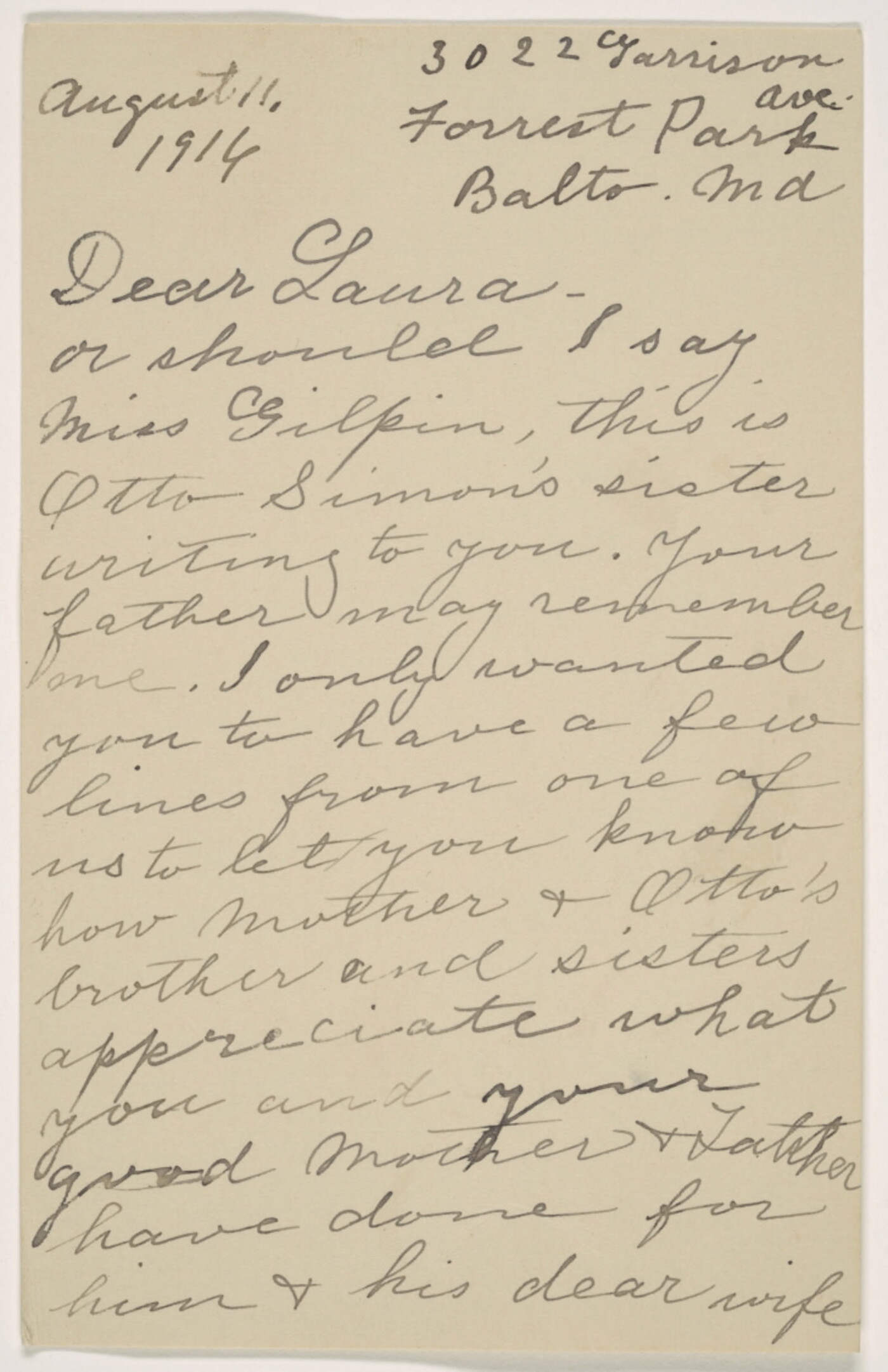 Minnie Simon, Baltimore, Maryland, to Laura Gilpin. August 11, 1916 ...