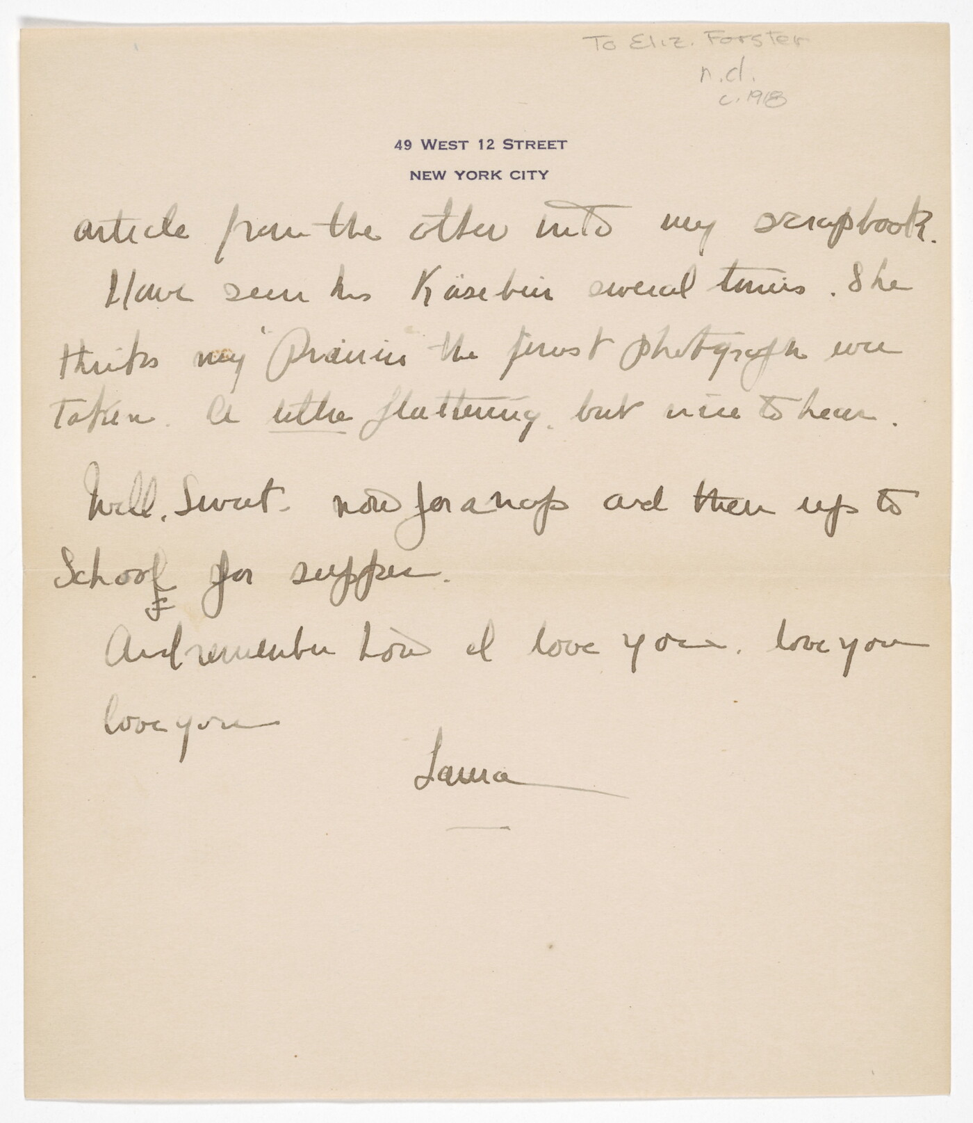 Laura Gilpin, New York, New York, to Elizabeth Forster. [1918?]. | Amon ...