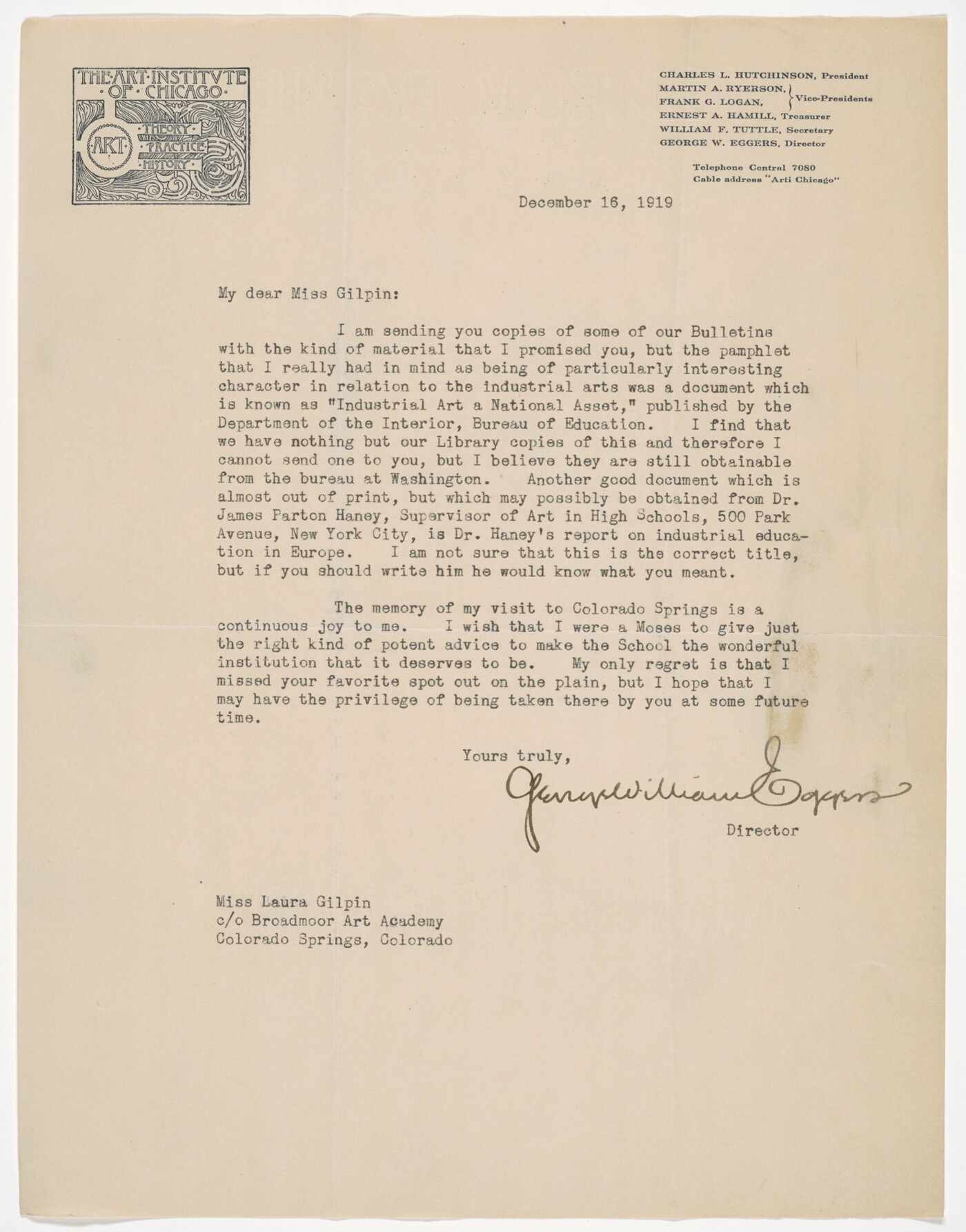 George William Eggers, Chicago, Illinois, to Laura Gilpin. December 16 ...