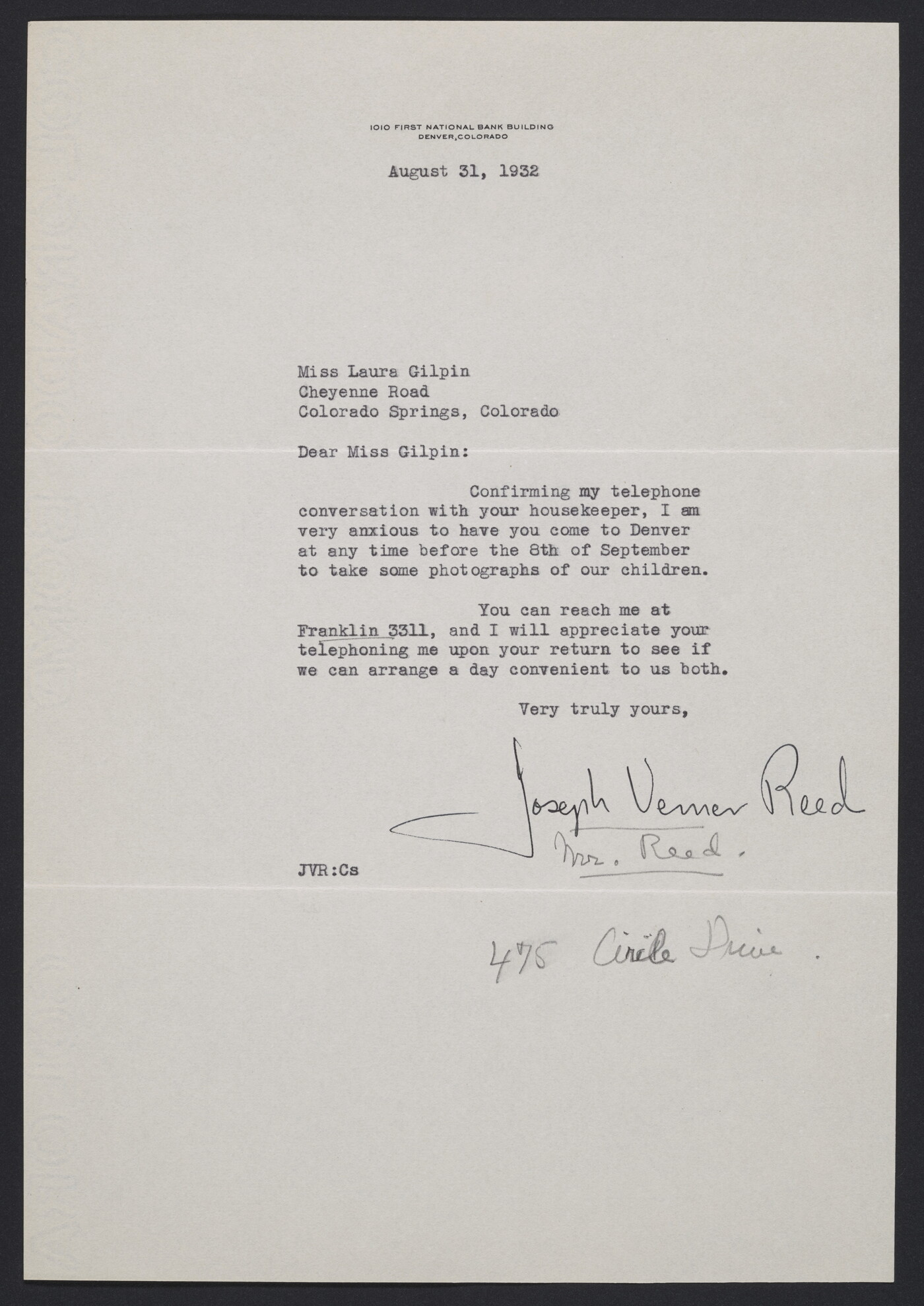 Joseph Verner Reed, Denver, Colorado, to Laura Gilpin. August 31, 1932 ...