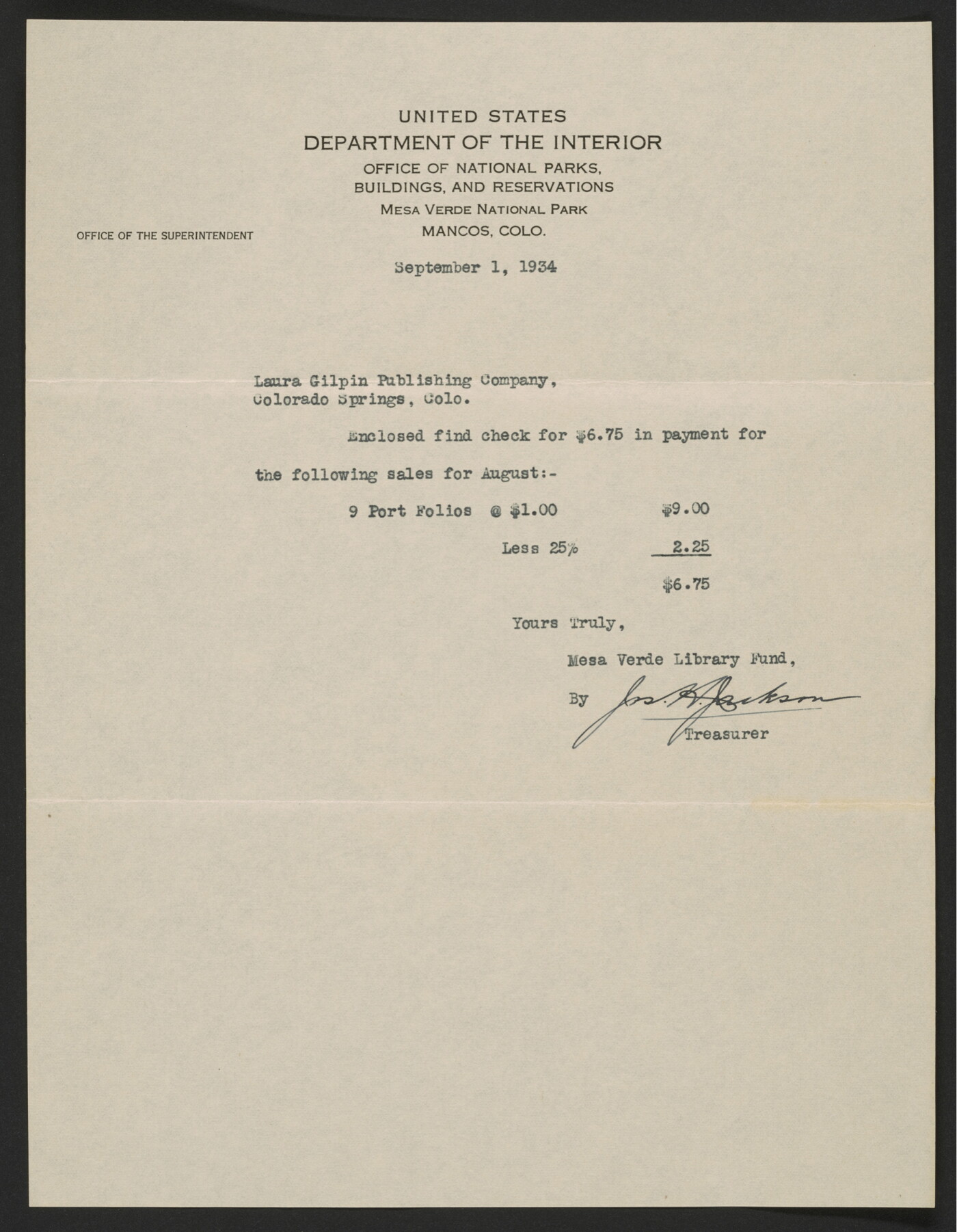 Joseph H. Jackson, Treasurer, Mesa Verde National Park, Mancos ...