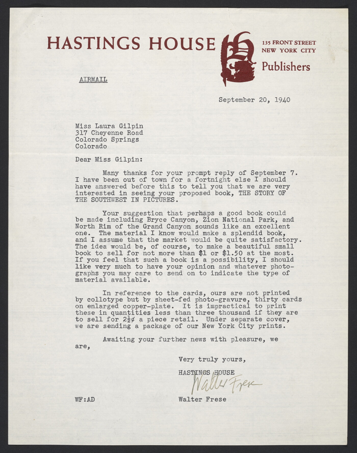 Walter Frese, Hastings House Publishers, New York, New York, to Laura ...