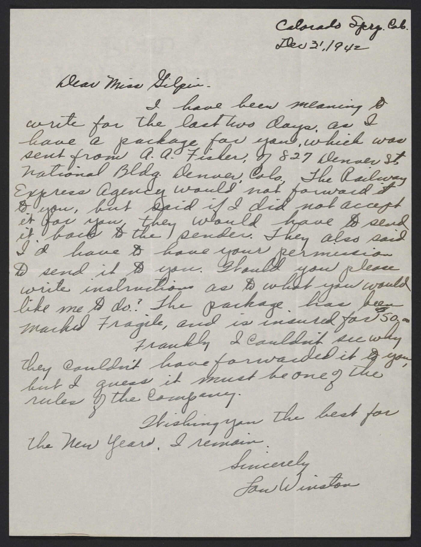 Lou Winston, Colorado Springs, Colorado, to Laura Gilpin. December 31 ...