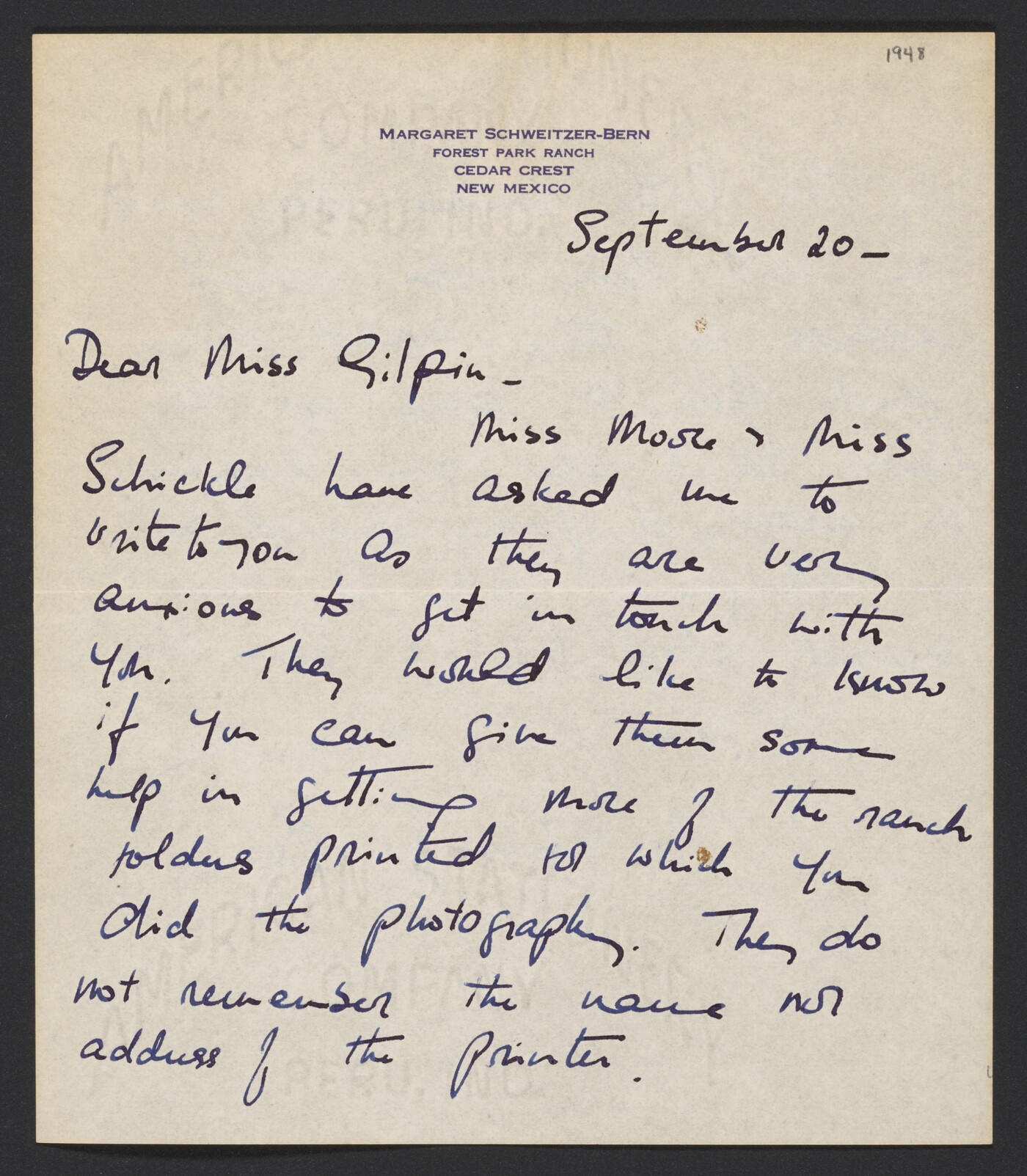 Margaret Schweitzer-Bern, Forest Park Ranch, Cedar Crest, New Mexico ...