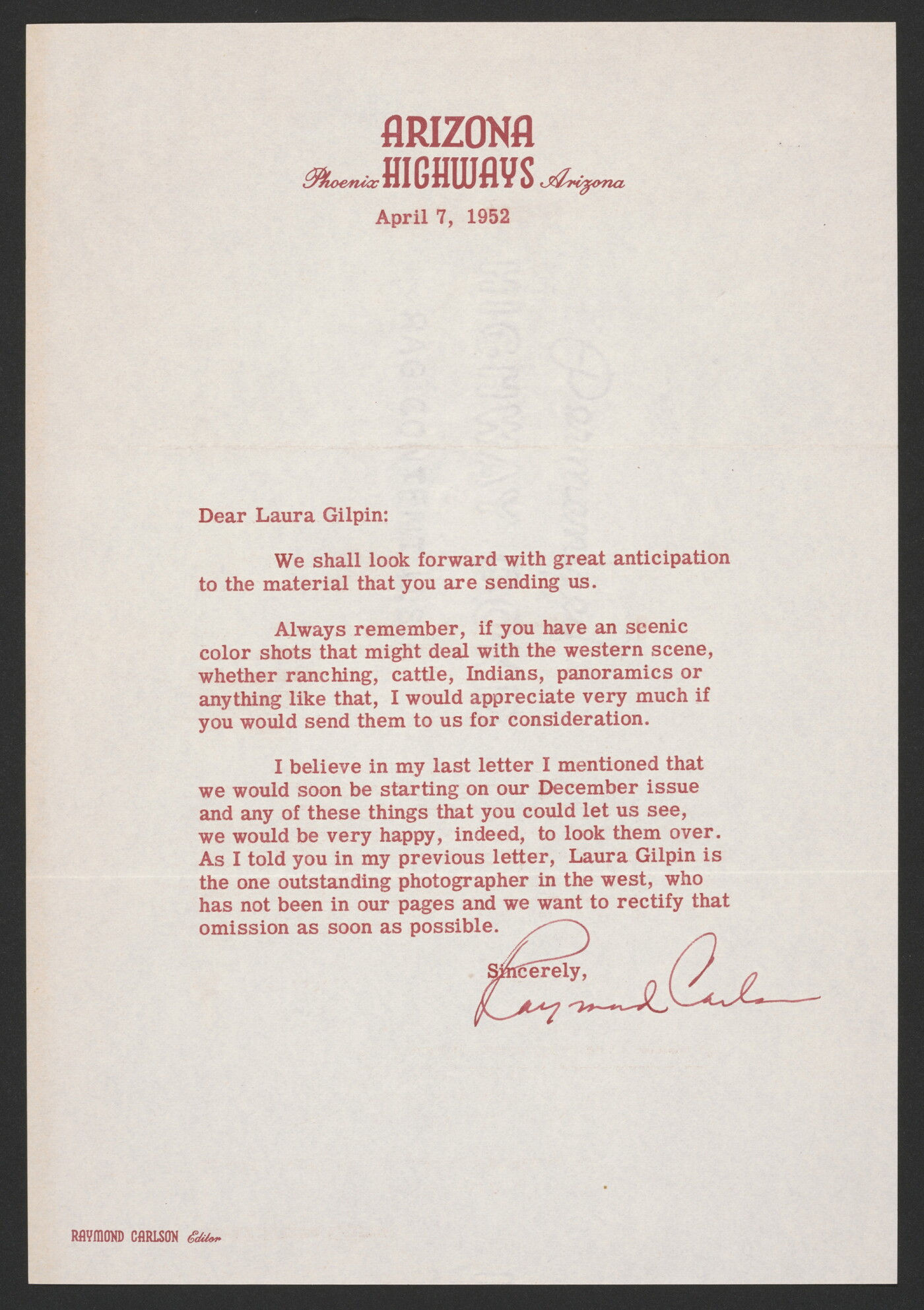 Raymond Carlson, Editor, Arizona Highways, Phoenix, Arizona, to Laura ...