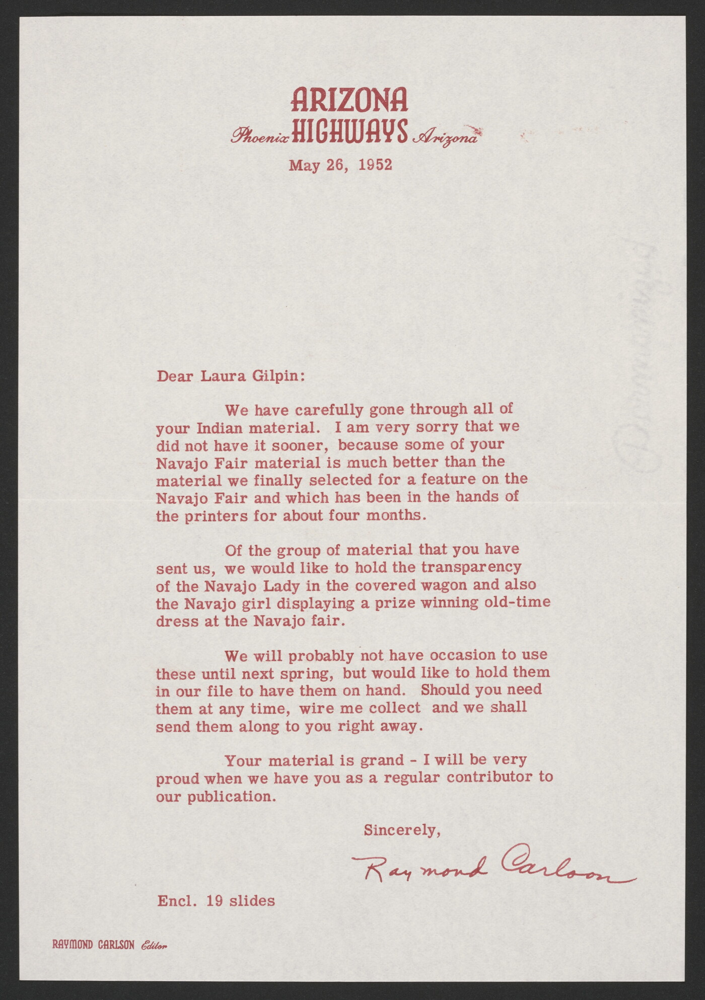 Raymond Carlson, Editor, Arizona Highways, Phoenix, Arizona, to Laura ...