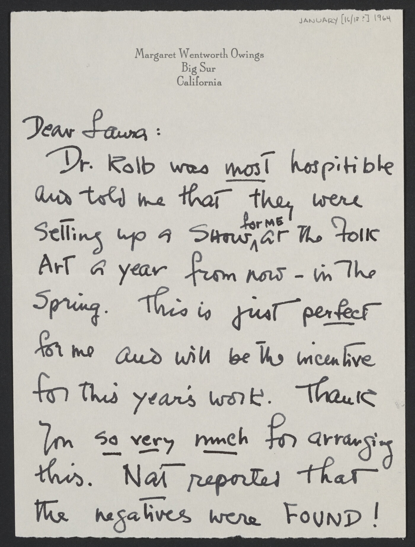 Margaret Owings, Big Sur, California, to Laura Gilpin. [January 16-18 ...