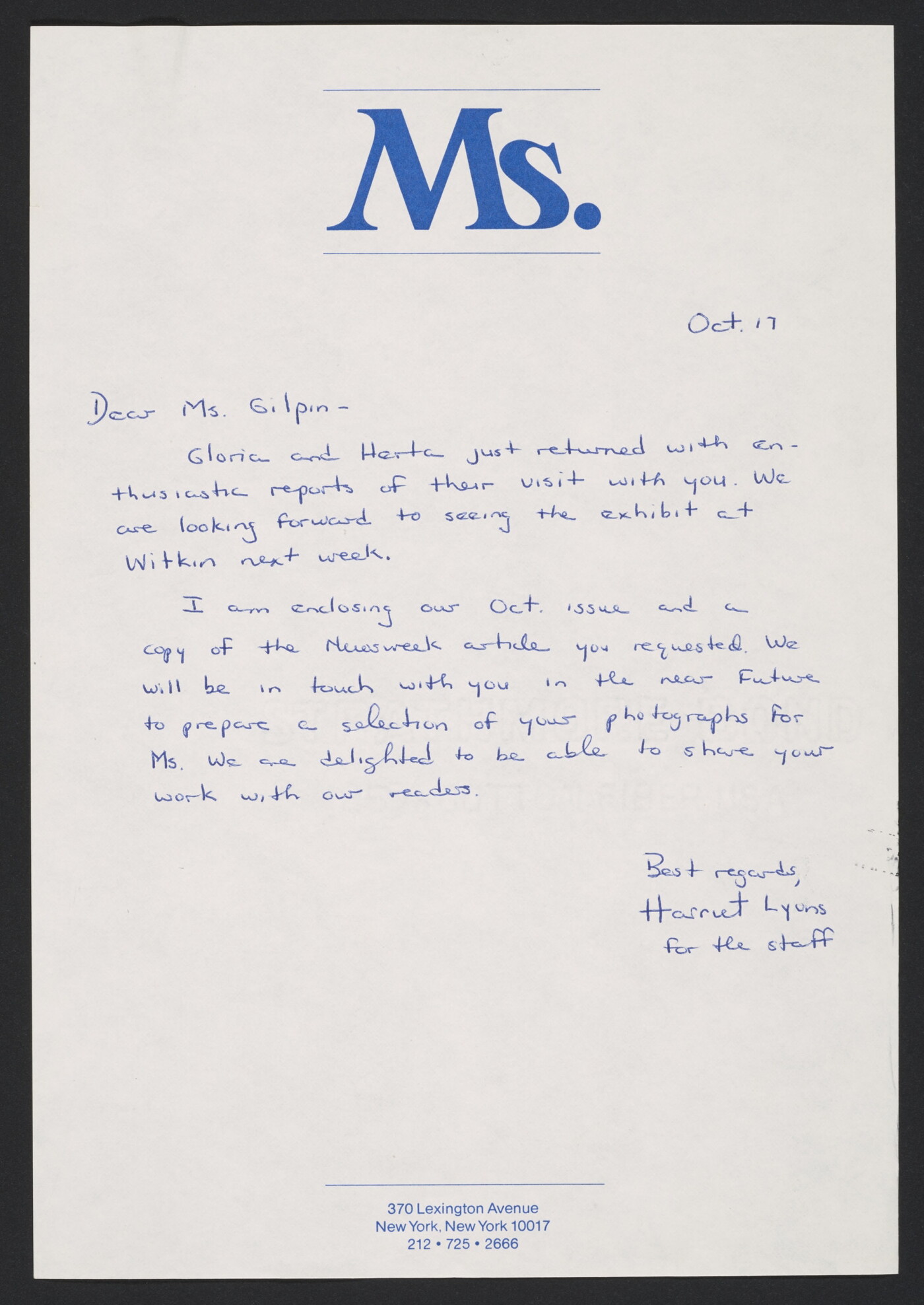 Harriet Lyons, Ms. Magazine, New York, New York, to Laura Gilpin ...