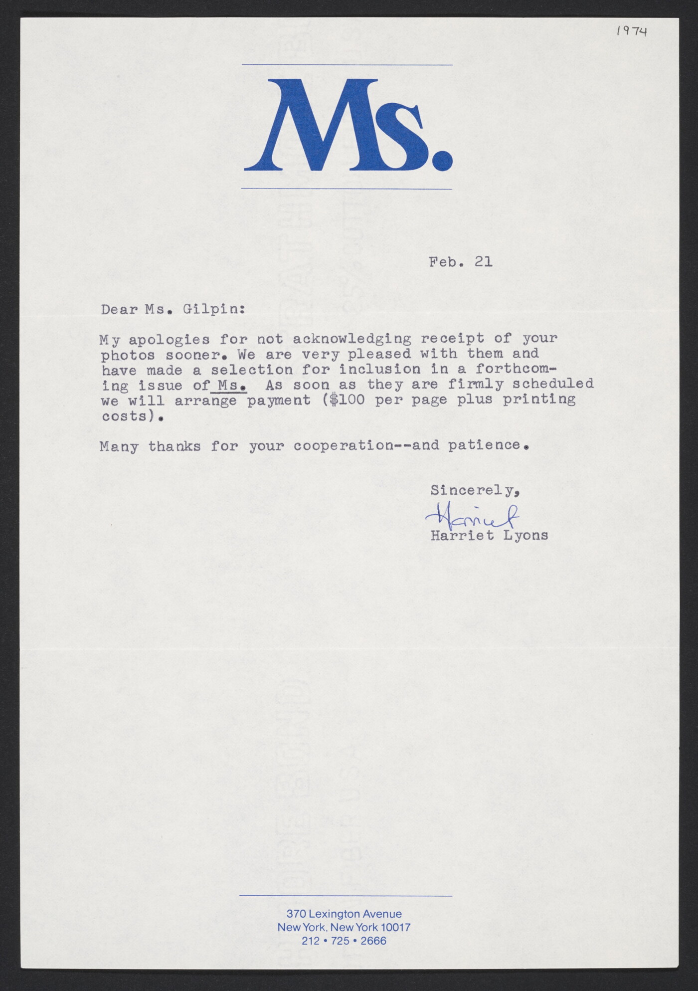 Harriet Lyons, Ms. Magazine, New York, New York, to Laura Gilpin ...