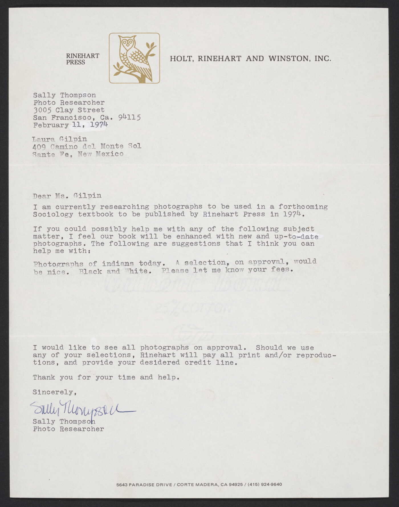 Sally Thompson, Photo Researcher, Holt, Rinehart, and Winston, San ...