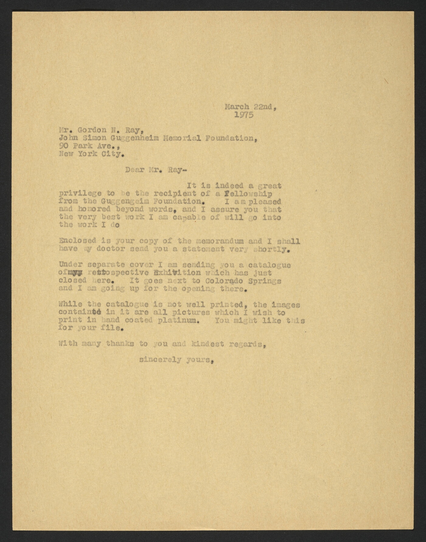 Laura Gilpin, Santa Fe, New Mexico, to Gordon Ray, President ...