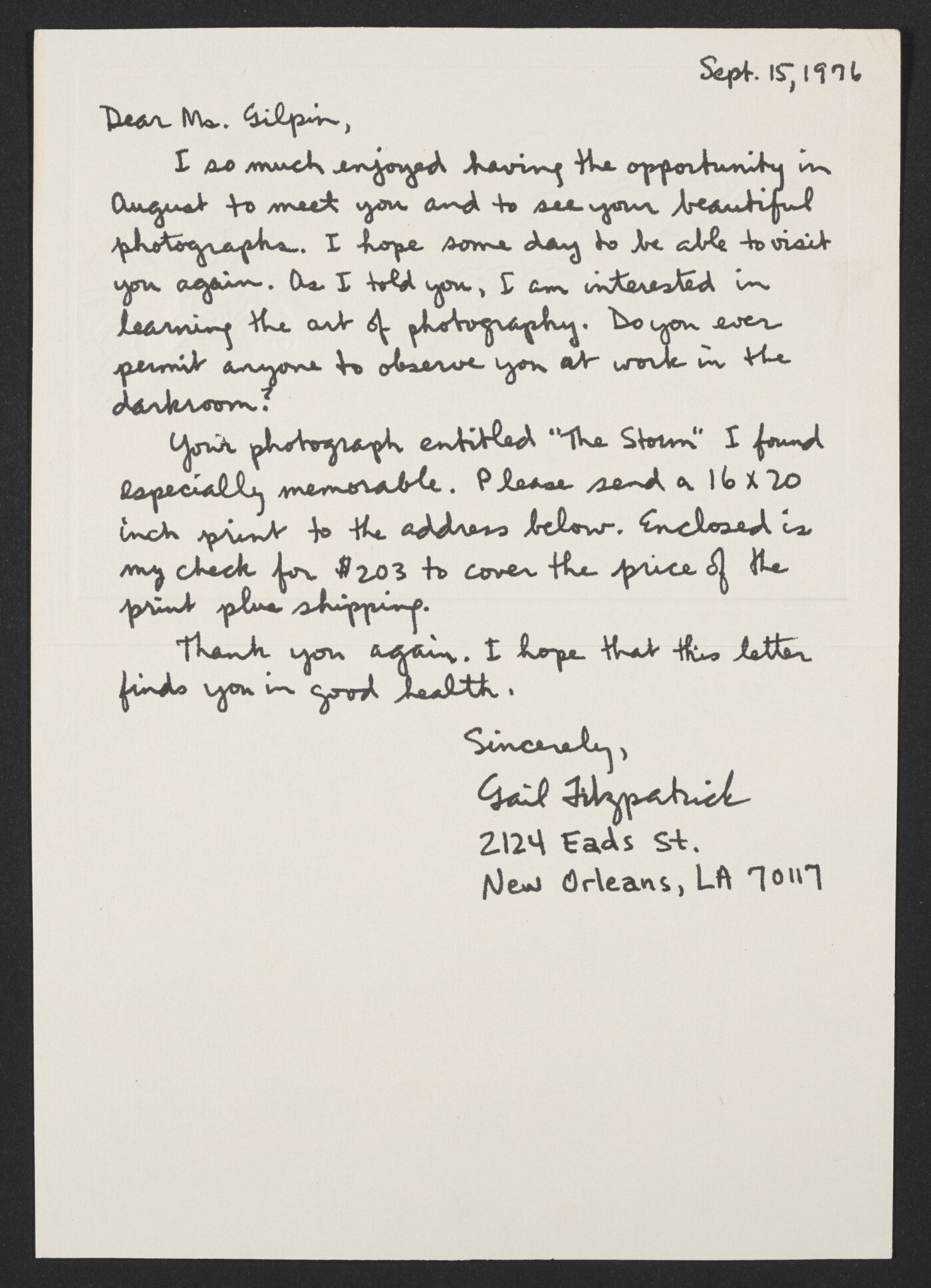 Gail Fitzpatrick, New Orleans, Louisiana, to Laura Gilpin. September 15 ...