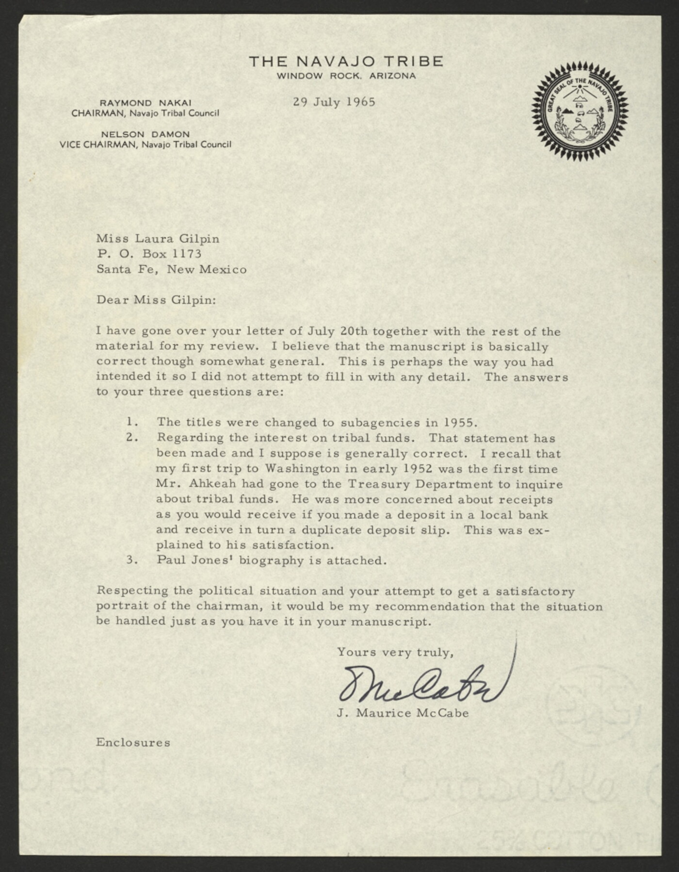 J. Maurice McCabe, The Navajo Tribe, Window Rock, Arizona, to Laura ...