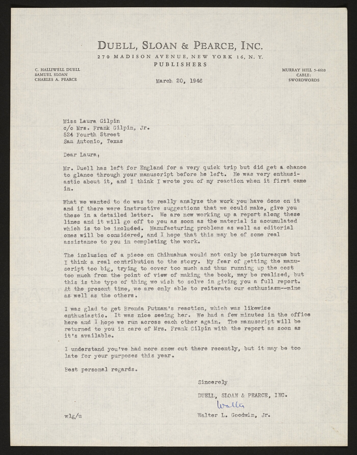Walter L. Goodwin, Duell, Sloan & Pearce, Inc., New York, New York, to ...
