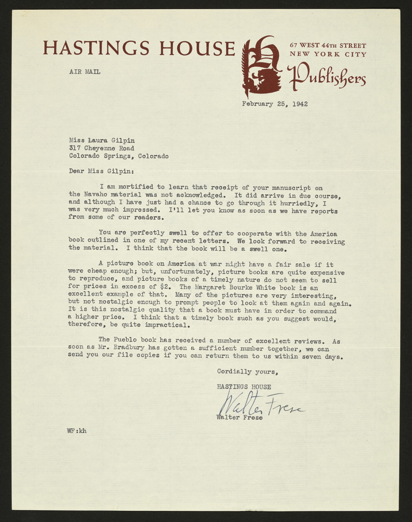 Walter Frese, New York, New York, to Laura Gilpin. February 25, 1942 ...