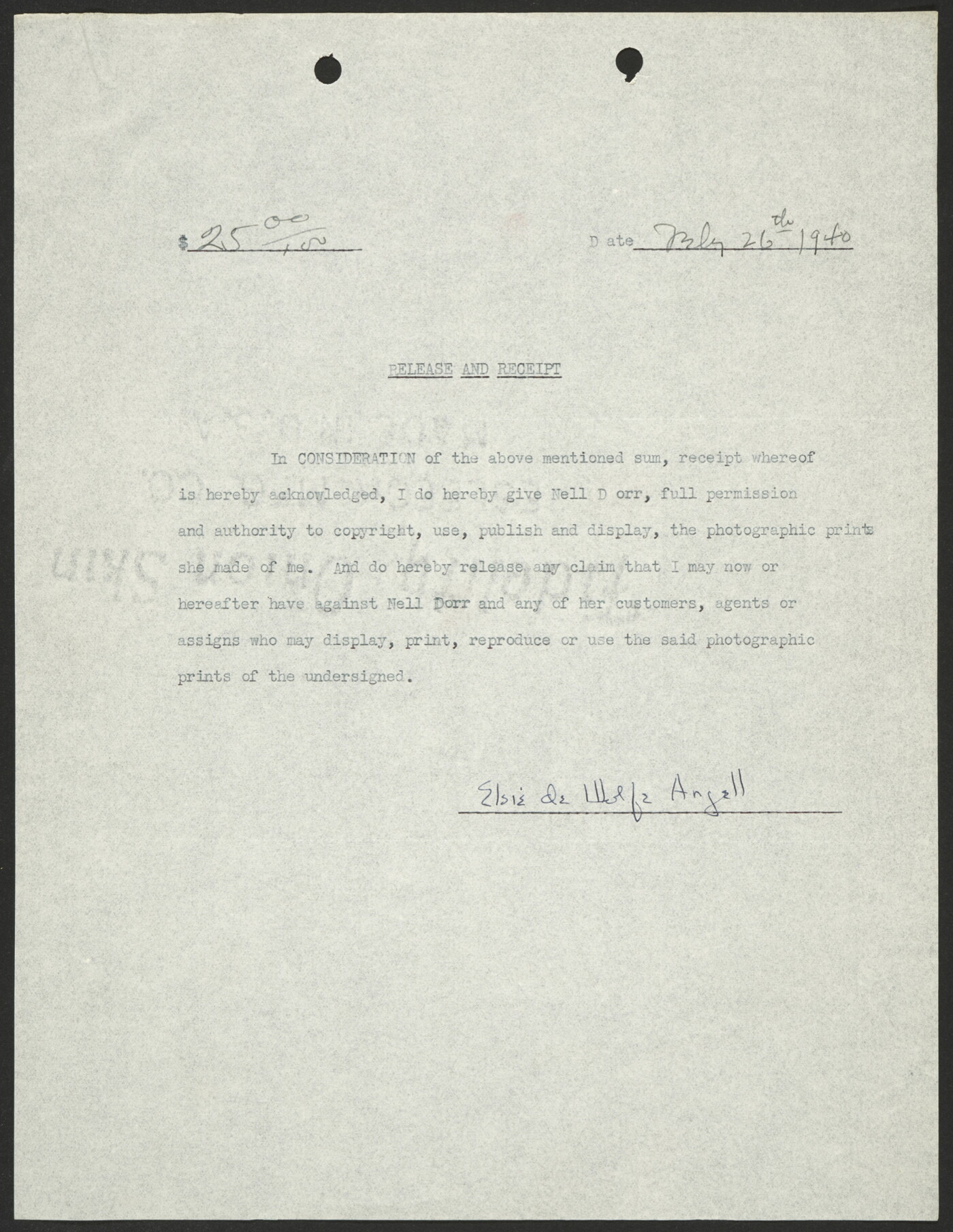 Release and Receipt Form. July 26, 1940. | Amon Carter Museum of ...