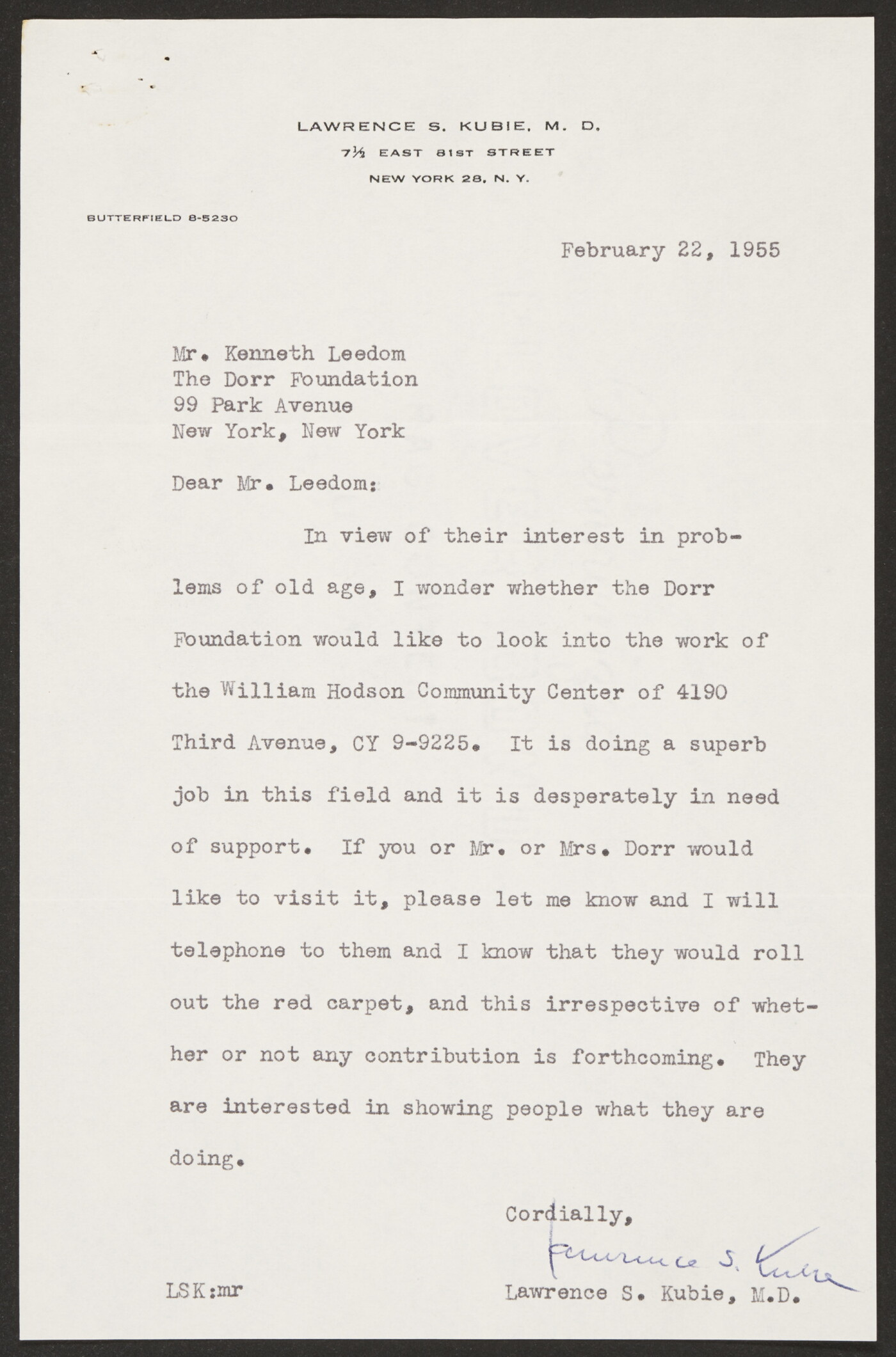 Lawrence S. Kubie, New York, New York, to Kenneth Leedom, The Dorr ...
