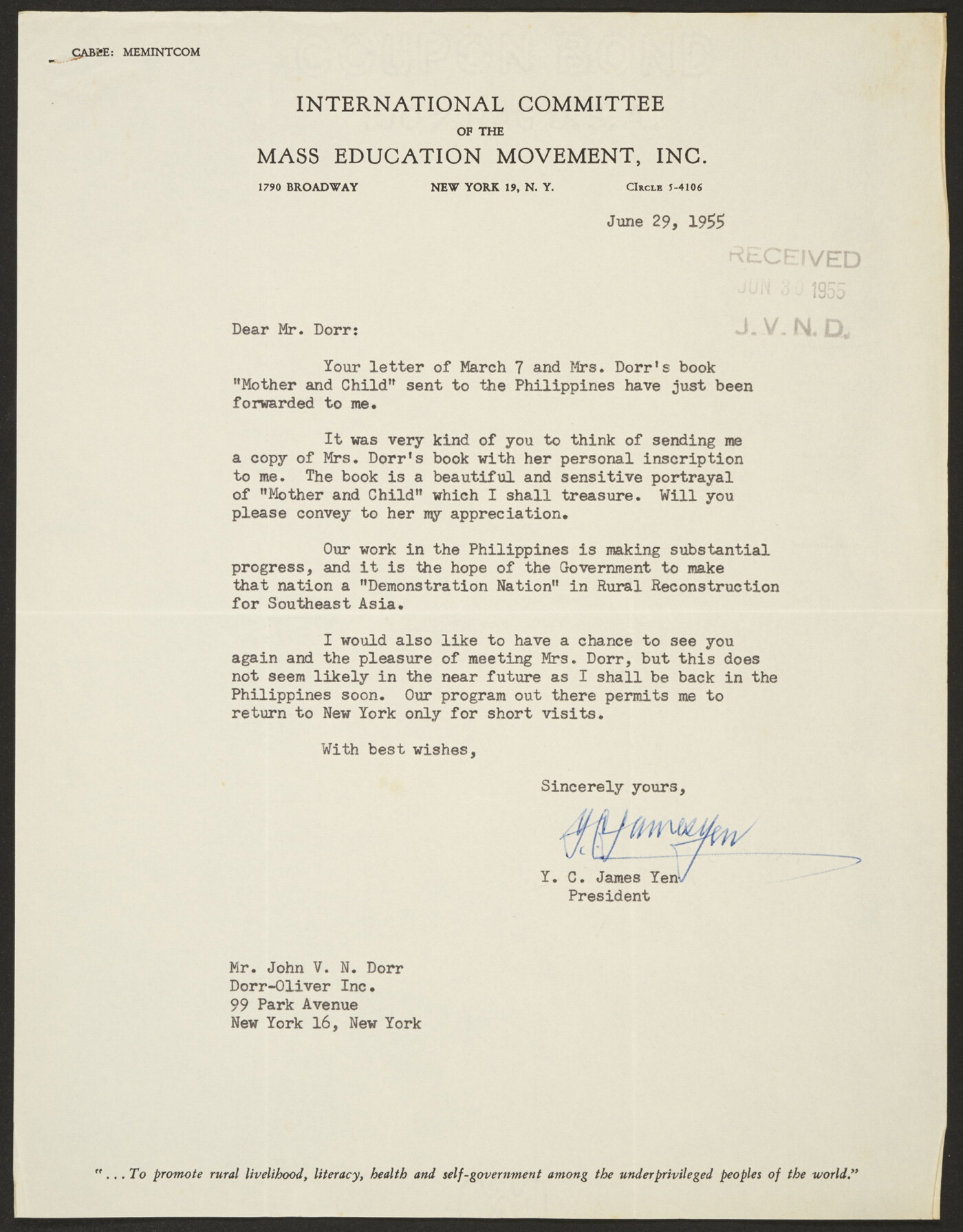 Y. C. James Yen, President, International Committee of the Mass ...