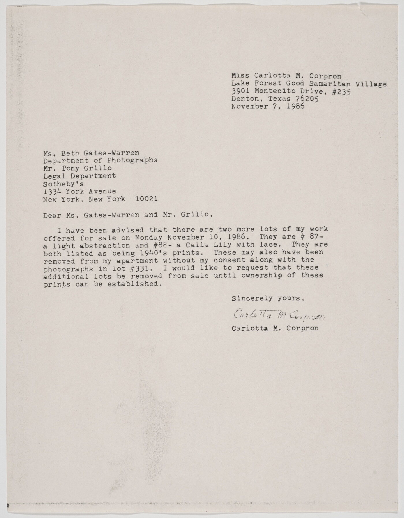 Carlotta Corpron, Denton, Texas, to Beth Gates-Warren and Tony Grillo ...