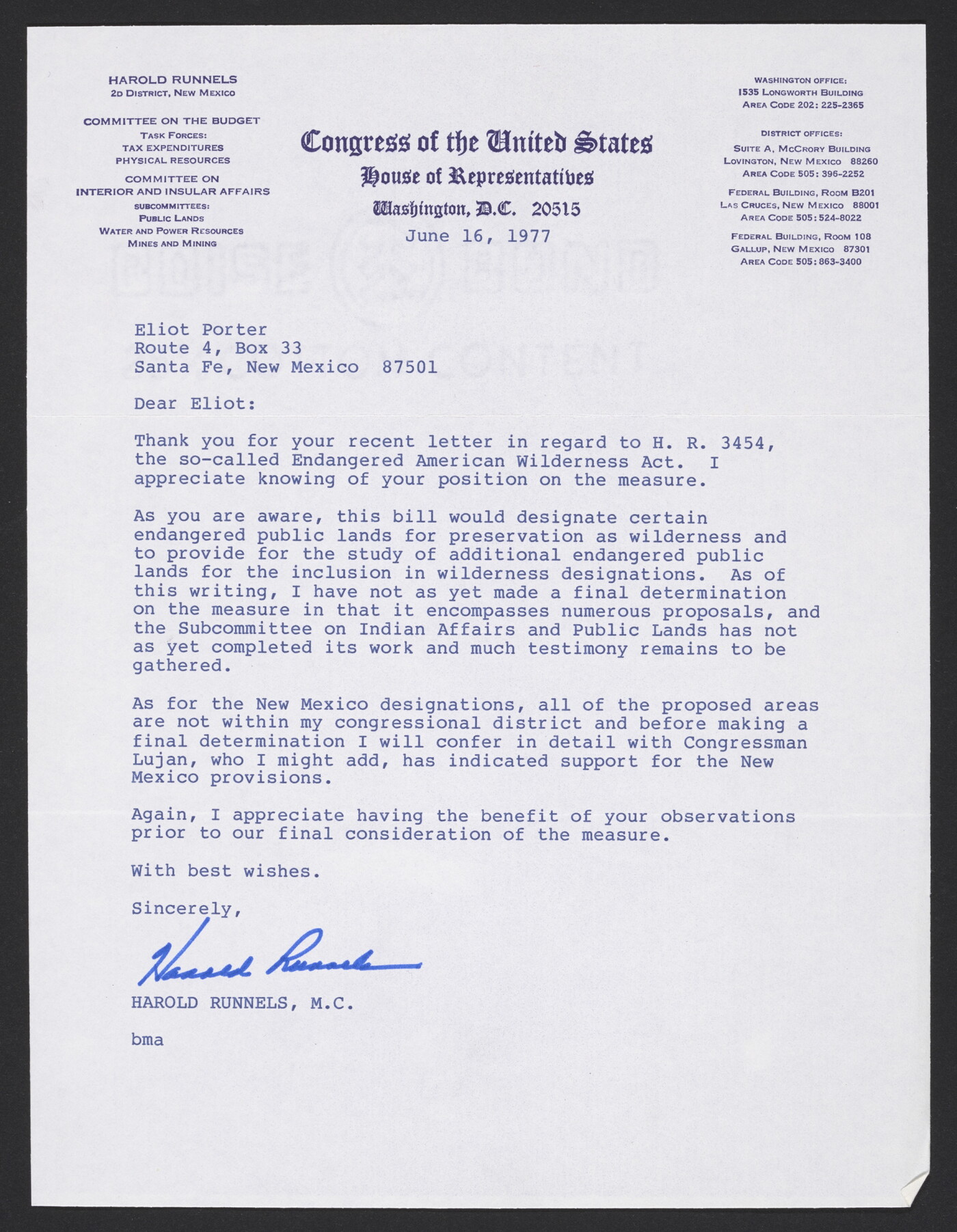 Harold Runnels, M.C., Congress of the United States, House of ...