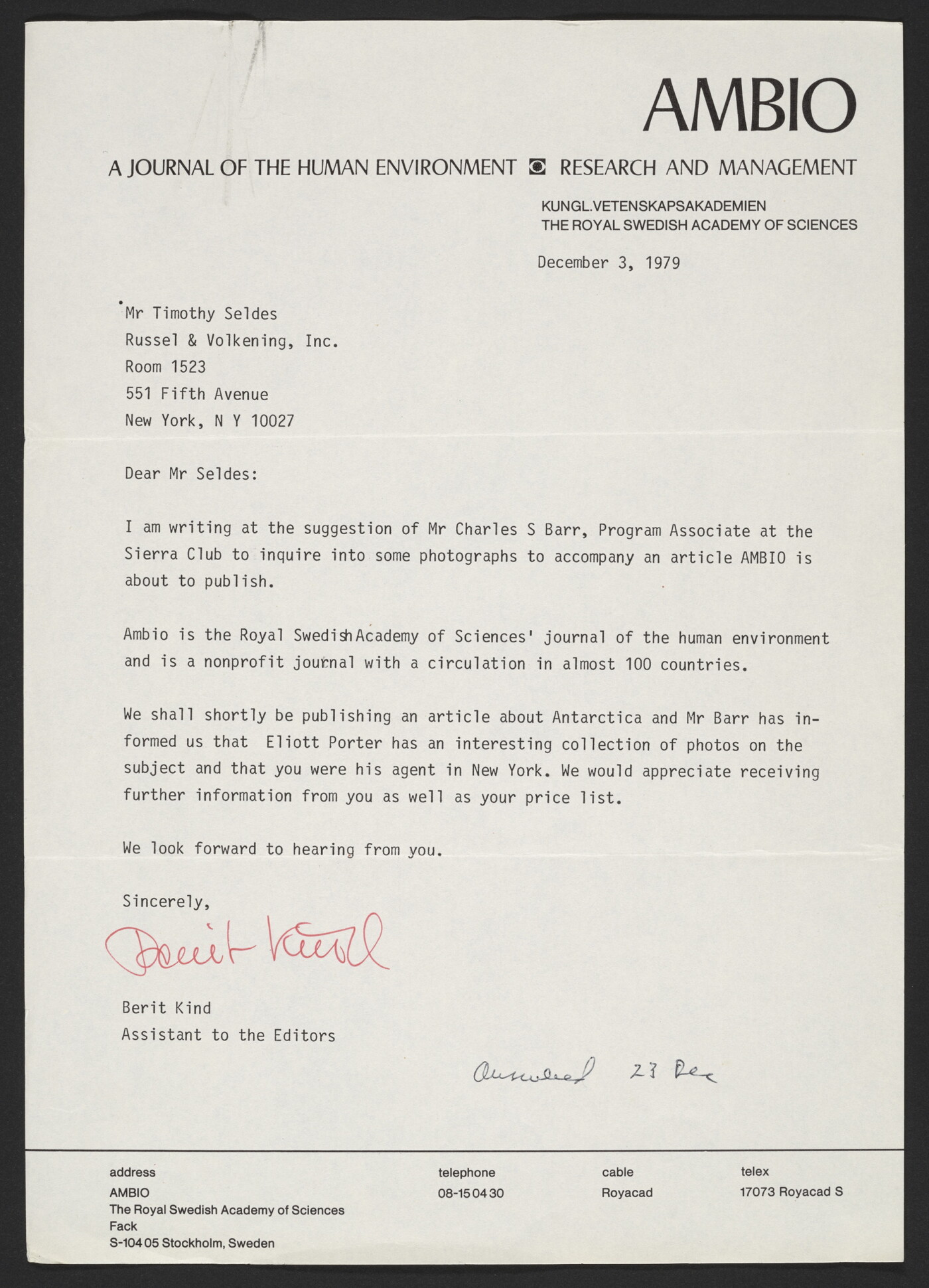 Berit Kind, Assistant to the Editors, AMIBIO, Stockholm, Sweden, to ...