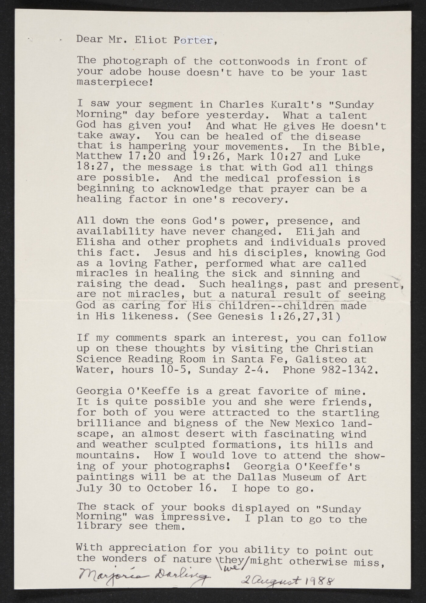 Marjorie Darling, Waco, Texas, to Eliot Porter. August 2, 1988. | Amon ...