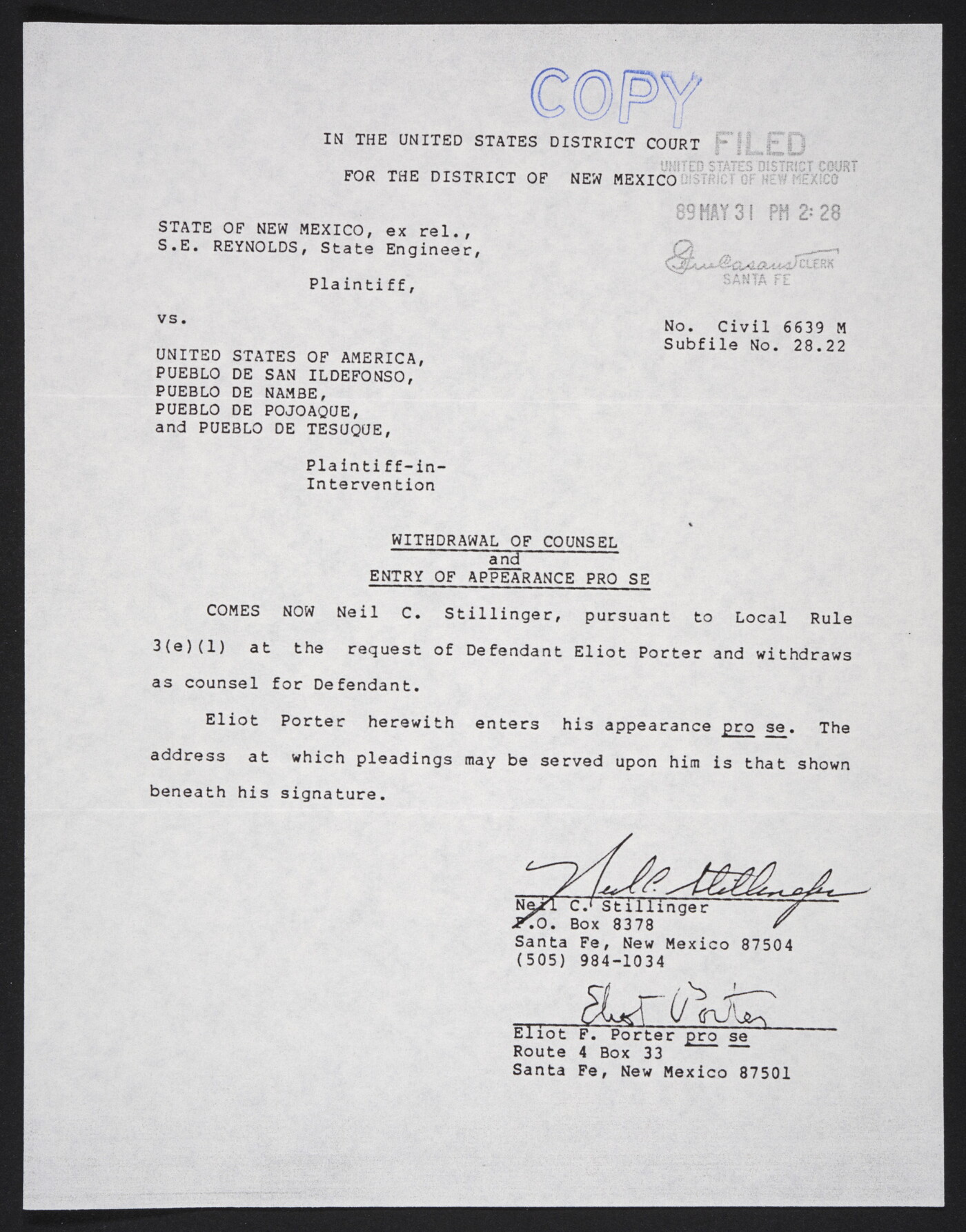 Withdrawal of Counsel and Entry of Appearance Pro Se. May 31, 1989 ...