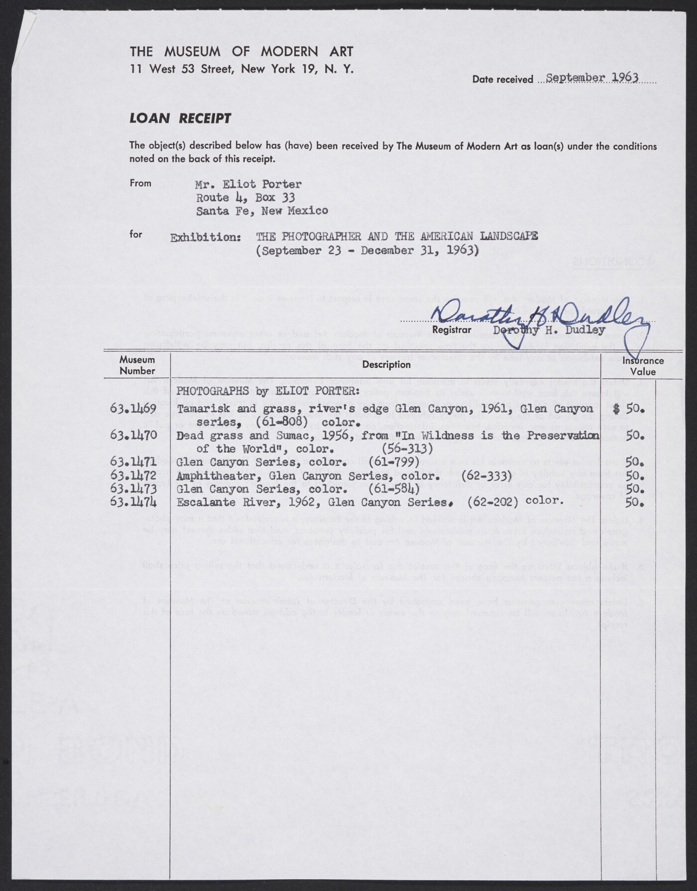 Loan Receipt to Eliot Porter from Dorothy H. Dudley, Registrar, The ...