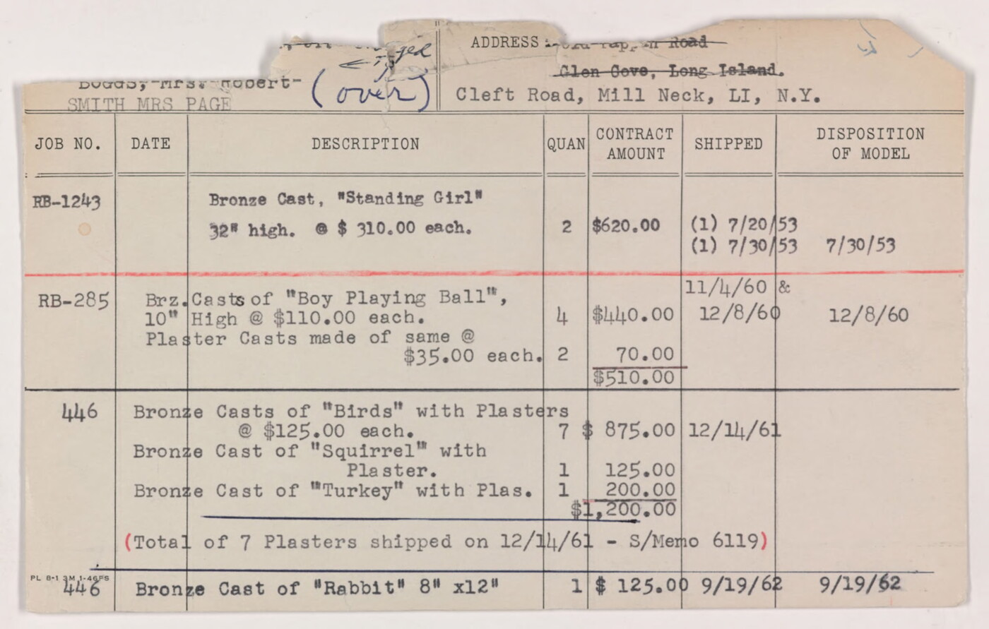 Client Card [Smith, Page, Mill Neck, Long Island, NY; Teagle, Walter ...