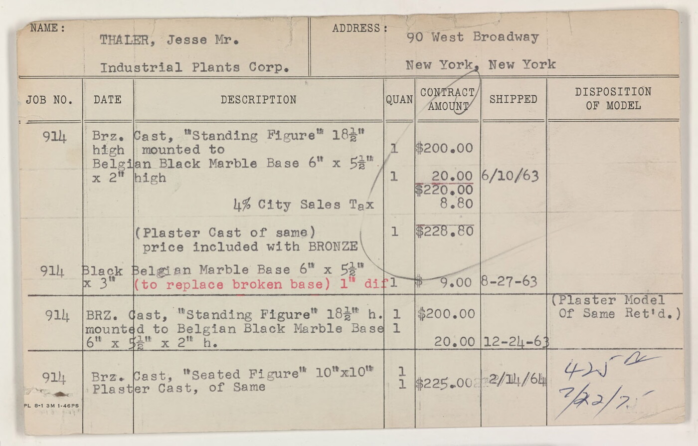 Client Card [Thaler, Jesse, Industrial Plants Corporation, New York ...