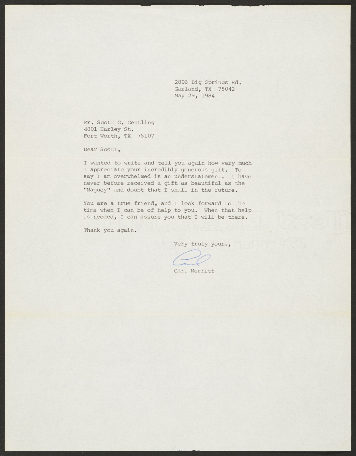Carl Merritt, Garland, Texas, to Scott Gentling. May 29, 1984. | Amon ...