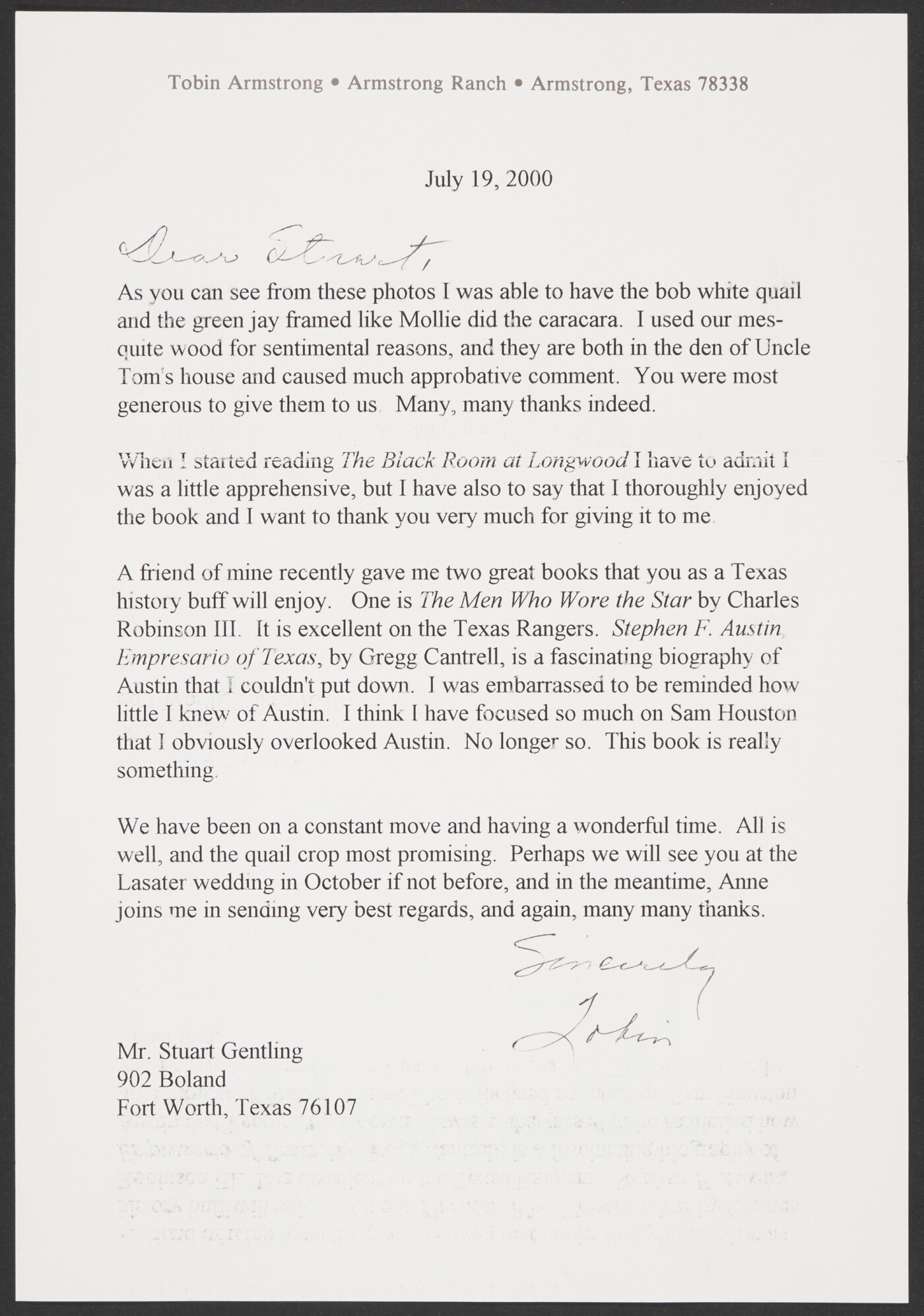 Tobin Armstrong, Armstrong Ranch, Armstrong, Texas, to Stuart Gentling ...