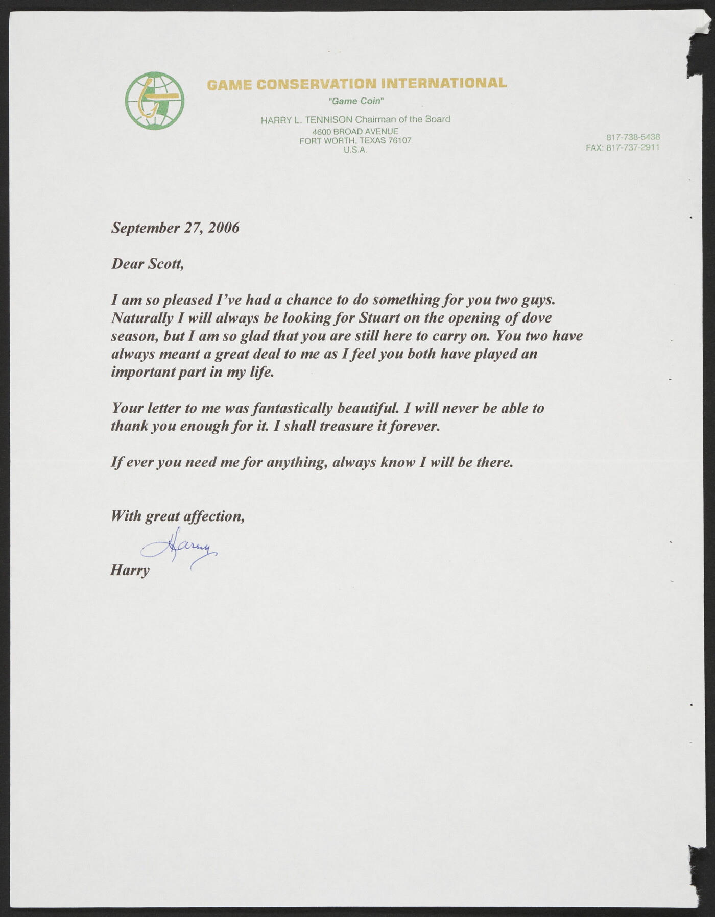 Harry L. Tennison, Chairman of the Board, Game Conservation ...