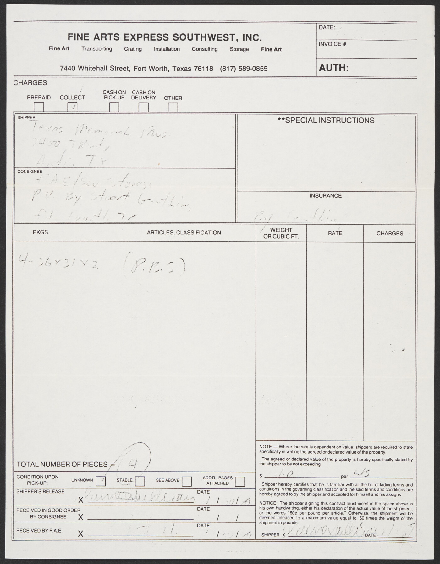 Fine Arts Express Southwest, Inc. Receipt. January 30, 1989. | Amon ...