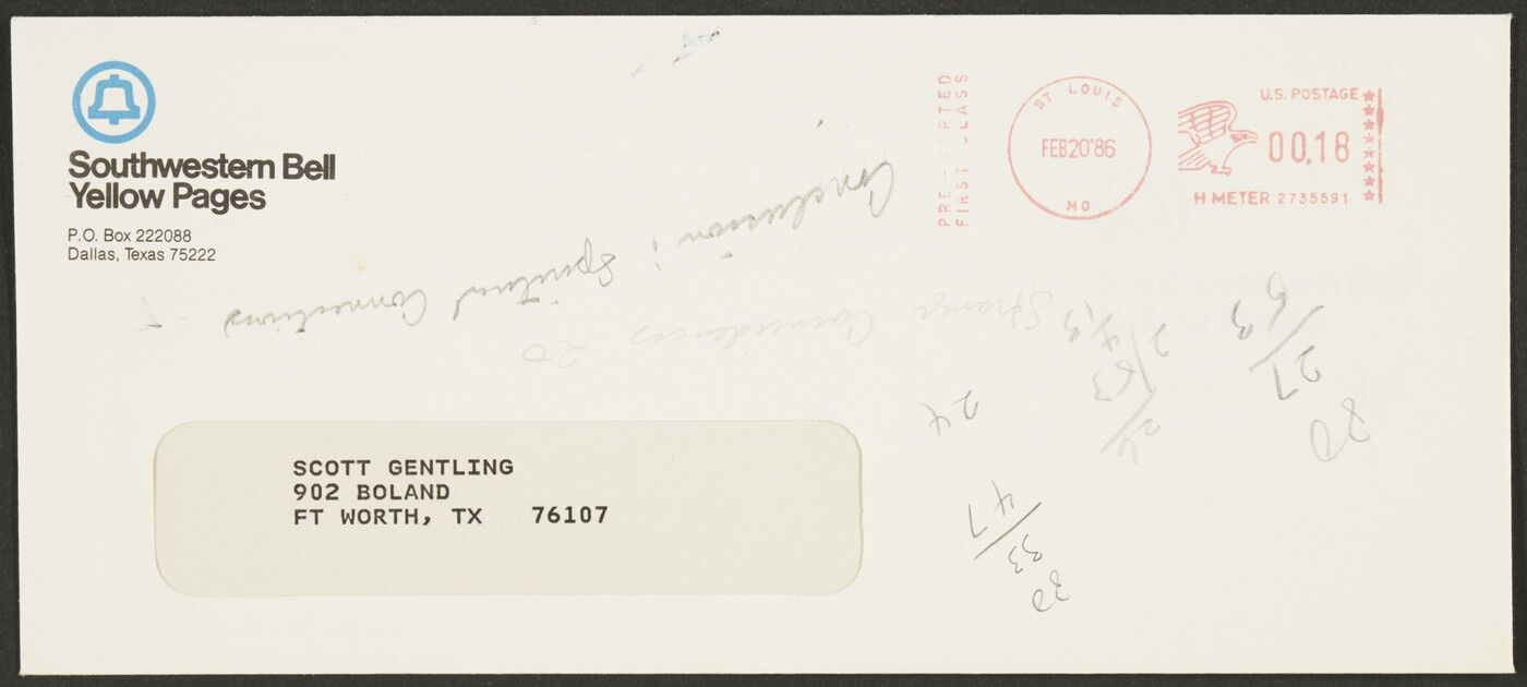Unopened Letter from Southwestern Bell Yellow Pages. February 20, 1986 ...