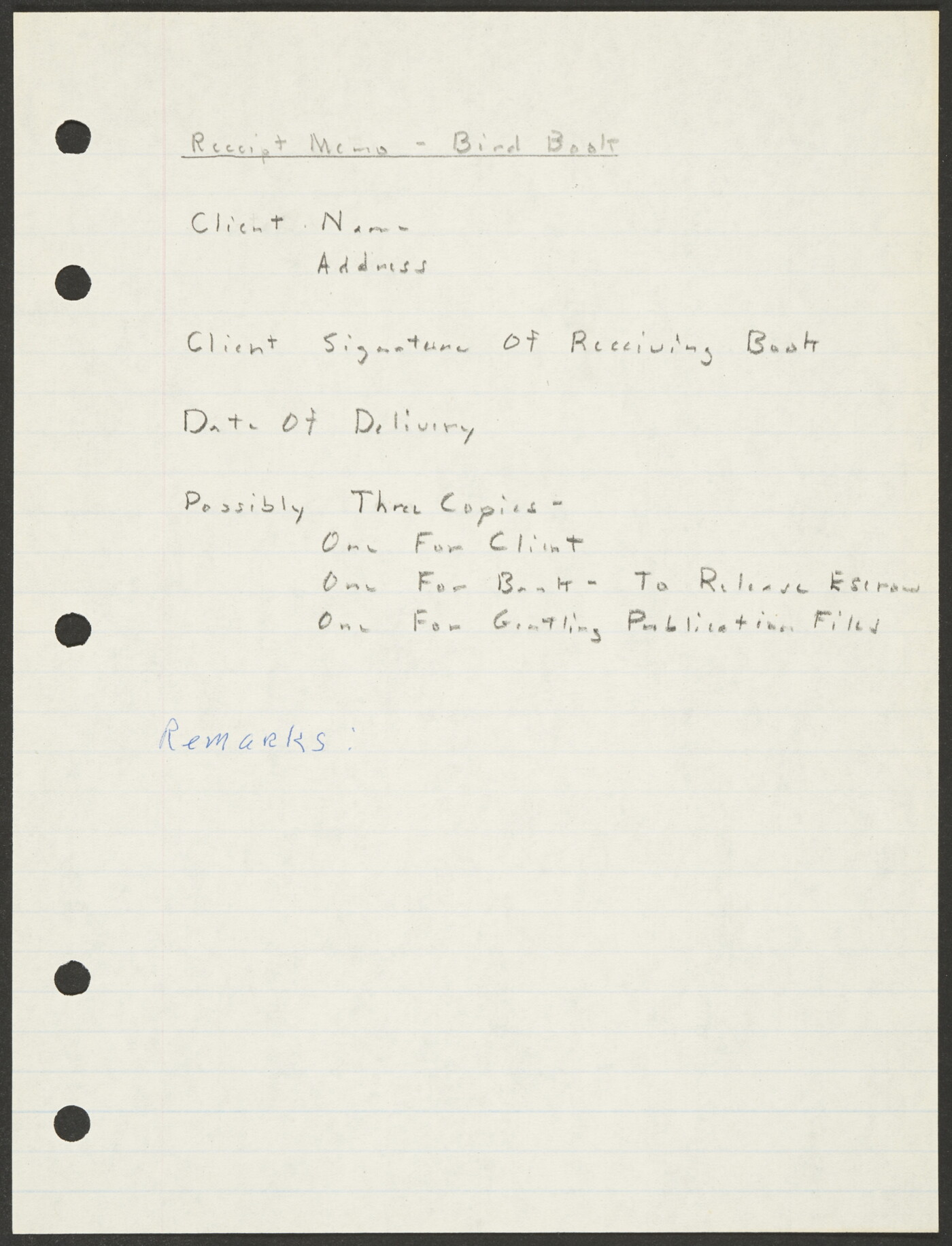 Receipt Memo - Bird Book. n.d. | Amon Carter Museum of American Art