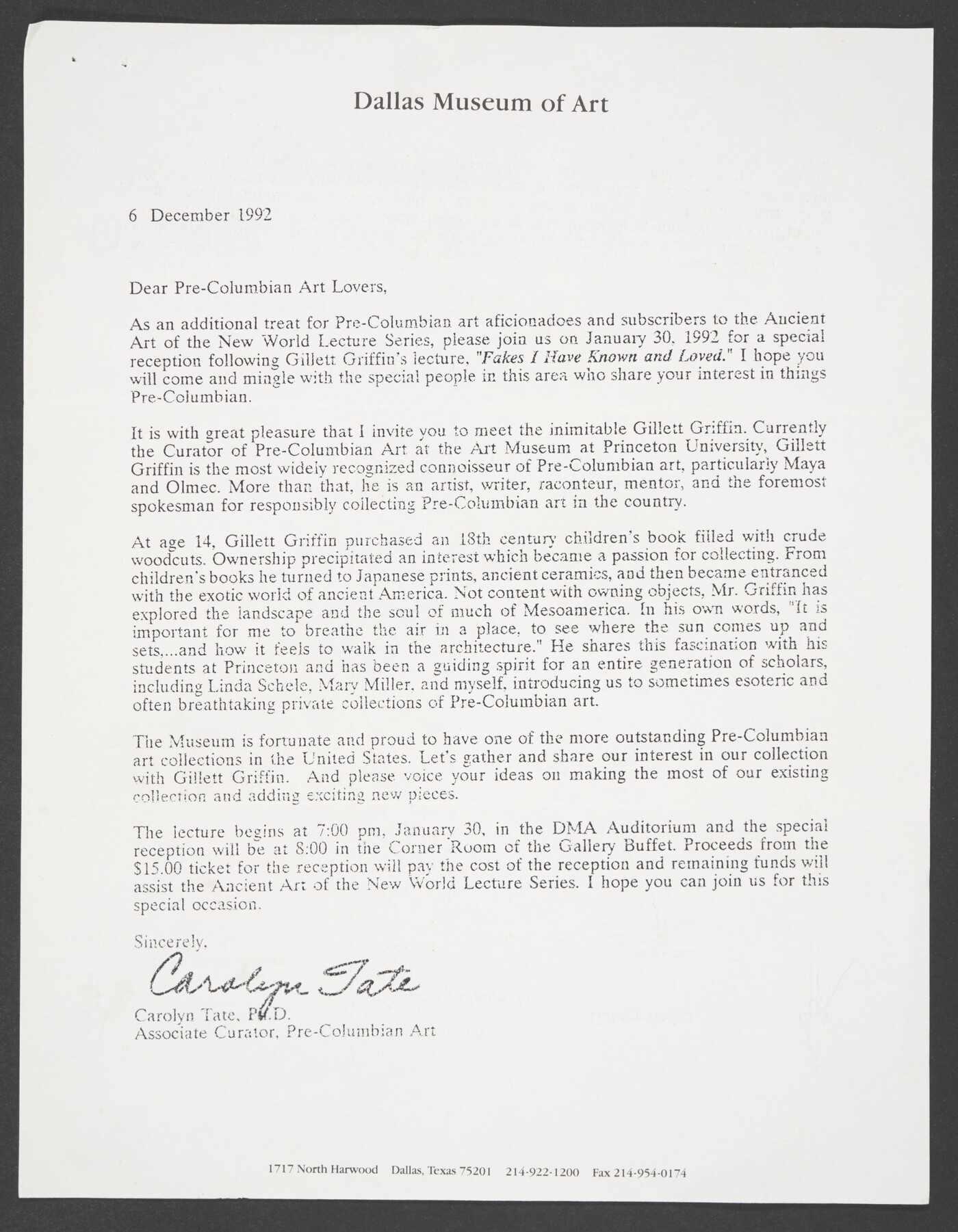 Letter from Carolyn Tate, Associate Curator, Dallas Museum of Art ...