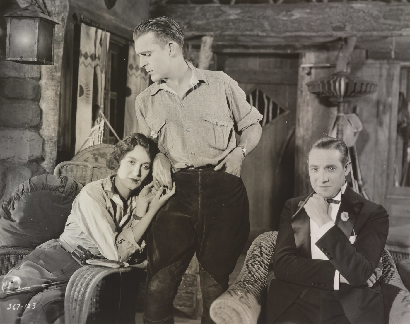 [Wallace Reid, Dorothy Cumming and Elliot Reid in fishing cabin ...