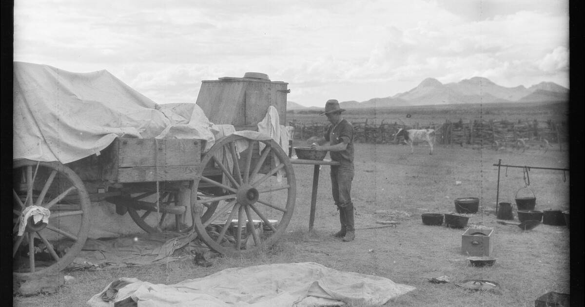 The wagon cook of the OR outfit working at the chuck wagon. OR Ranch ...