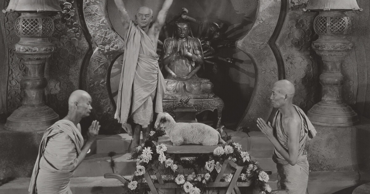 [Buddhist monks with lamb on altar, "Fool's Paradise"] | Amon Carter ...